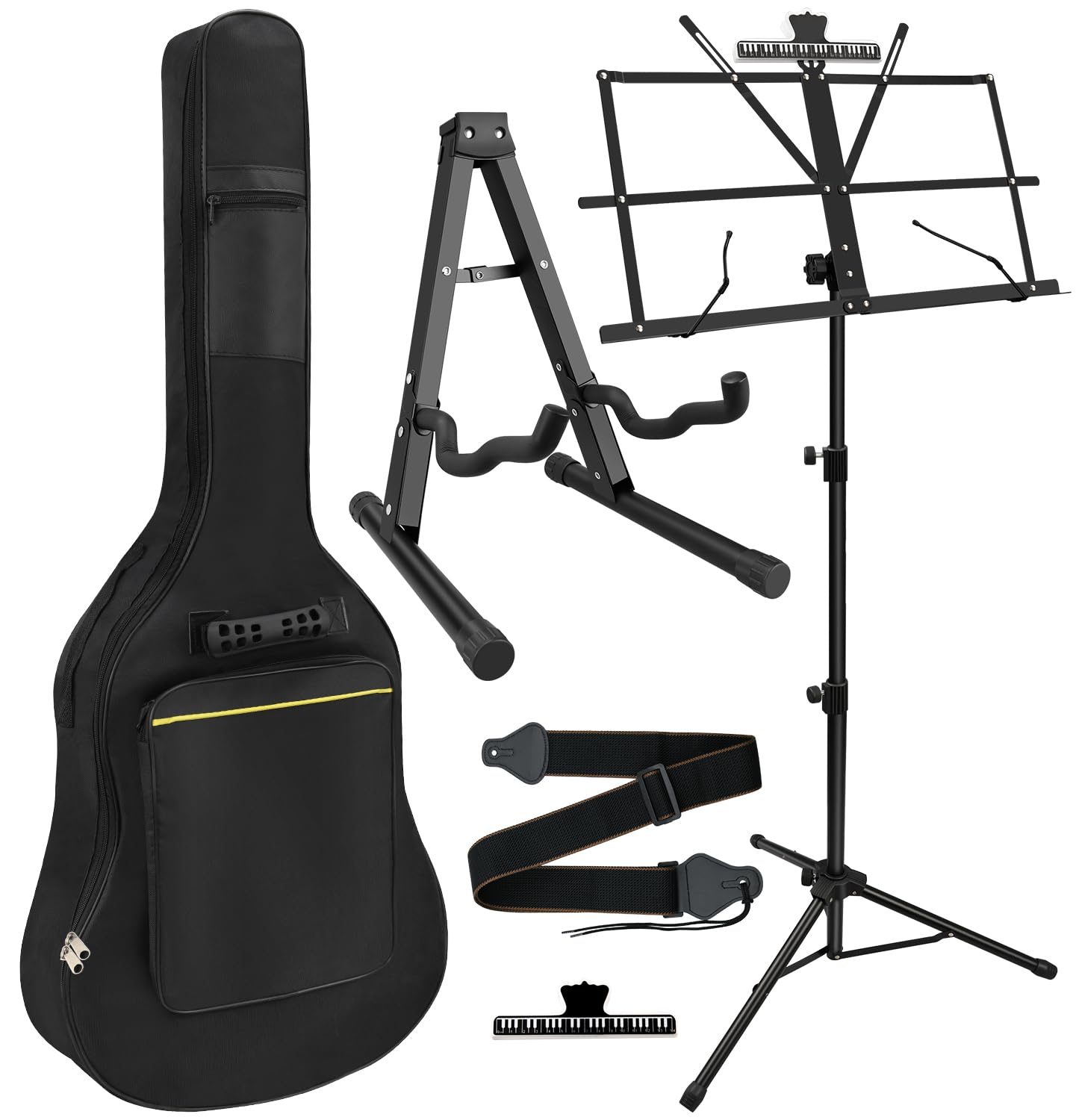Sheet Music Stand with Guitar Stand, Guitar Gig Bag, Guitar Strap and Music Sheet Clip Holder, for Acoustic Classical Guitar, Bass(5pcs Kit)