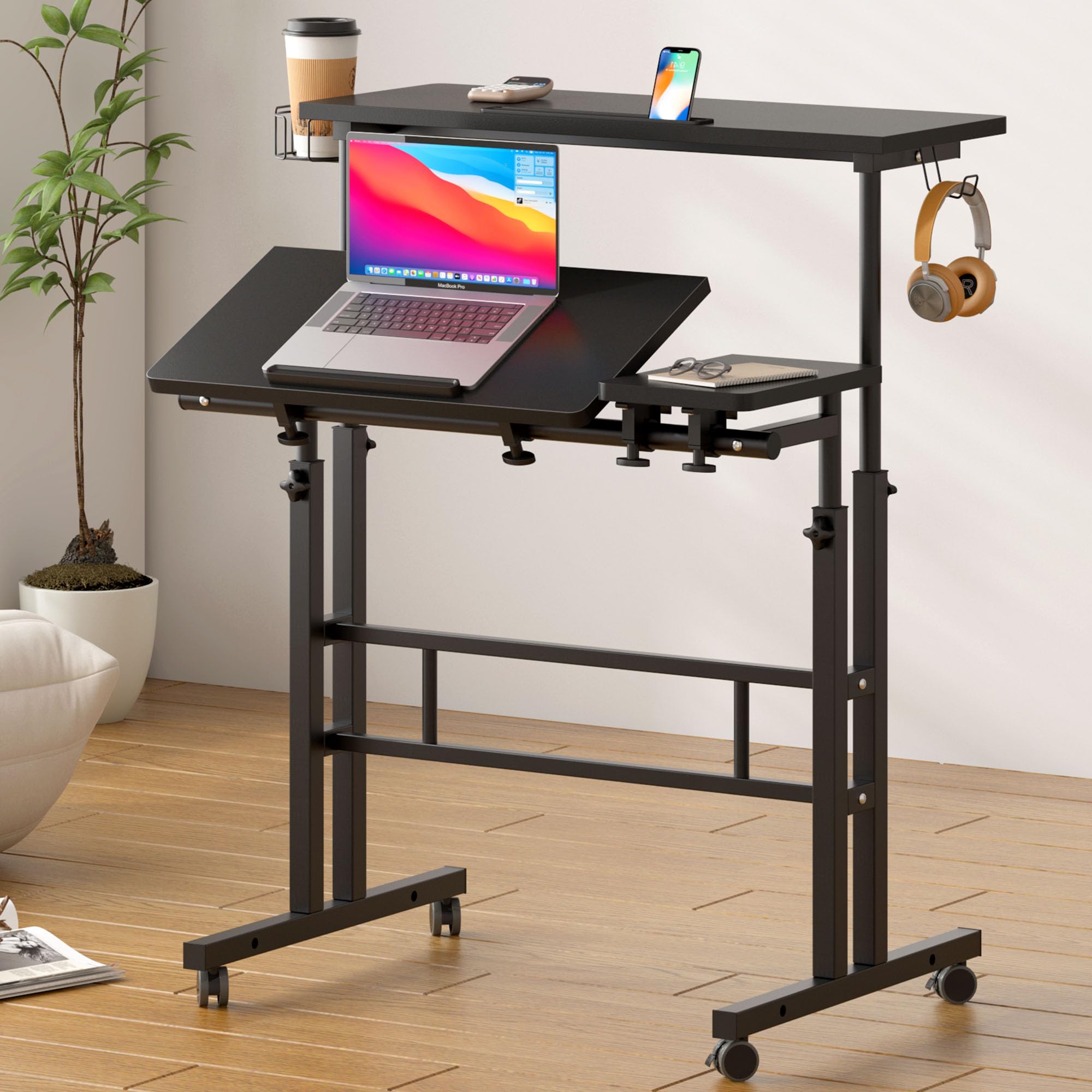 SogesPower 2 Platforms Mobile Laptop Desk Adjustable Side Table Computer Stand for Bed Sofa,Mobile Standing Desk with Cup Holder and Hooks,Black
