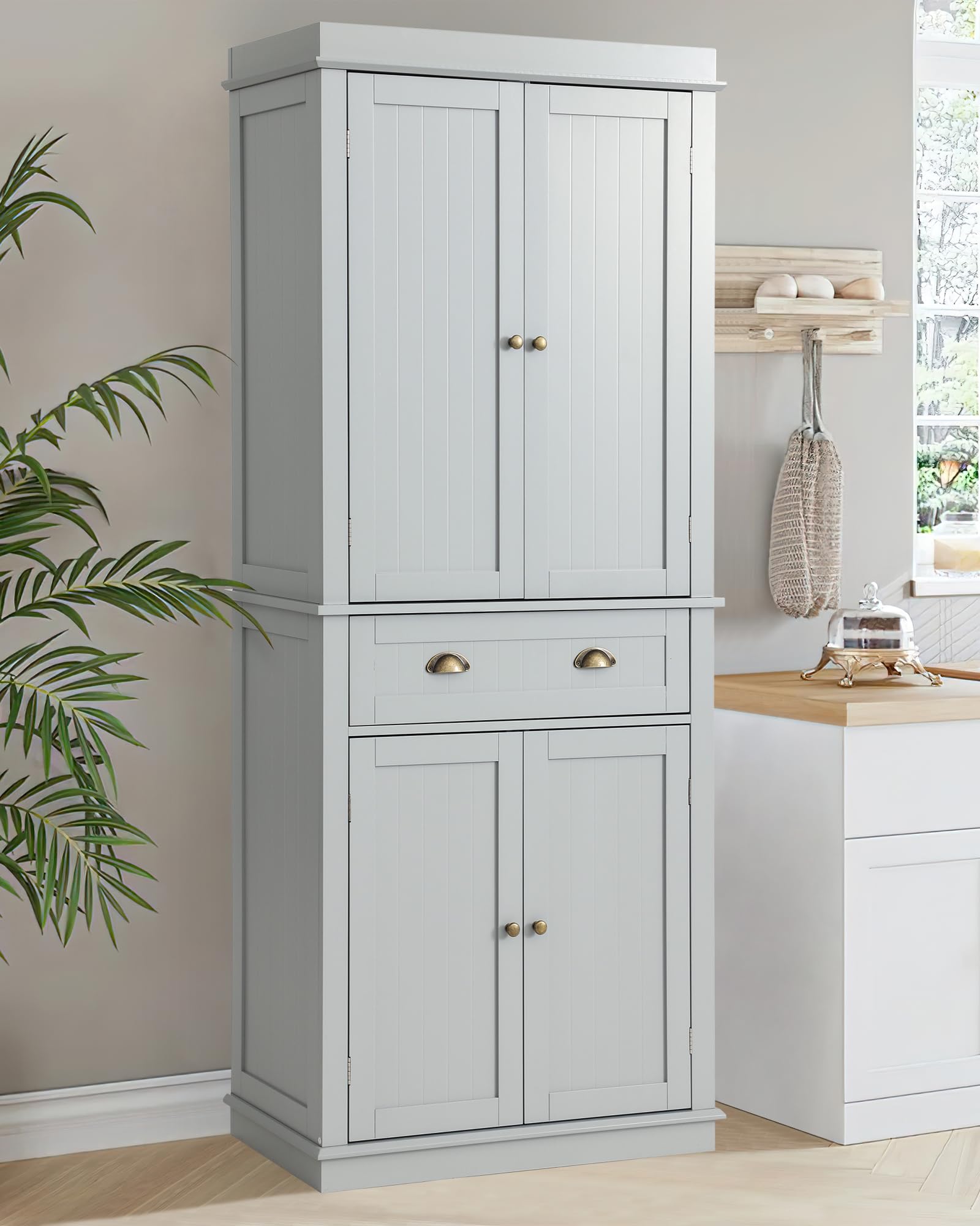 LOUVIXA 72" Kitchen Pantry Storage Cabinet, Freestanding Cupboard with 2 Cabinets, Drawer and Adjustable Shelves, Tall Storage Cabinet for Kitchen, Dinning Room, Living Room, Grey