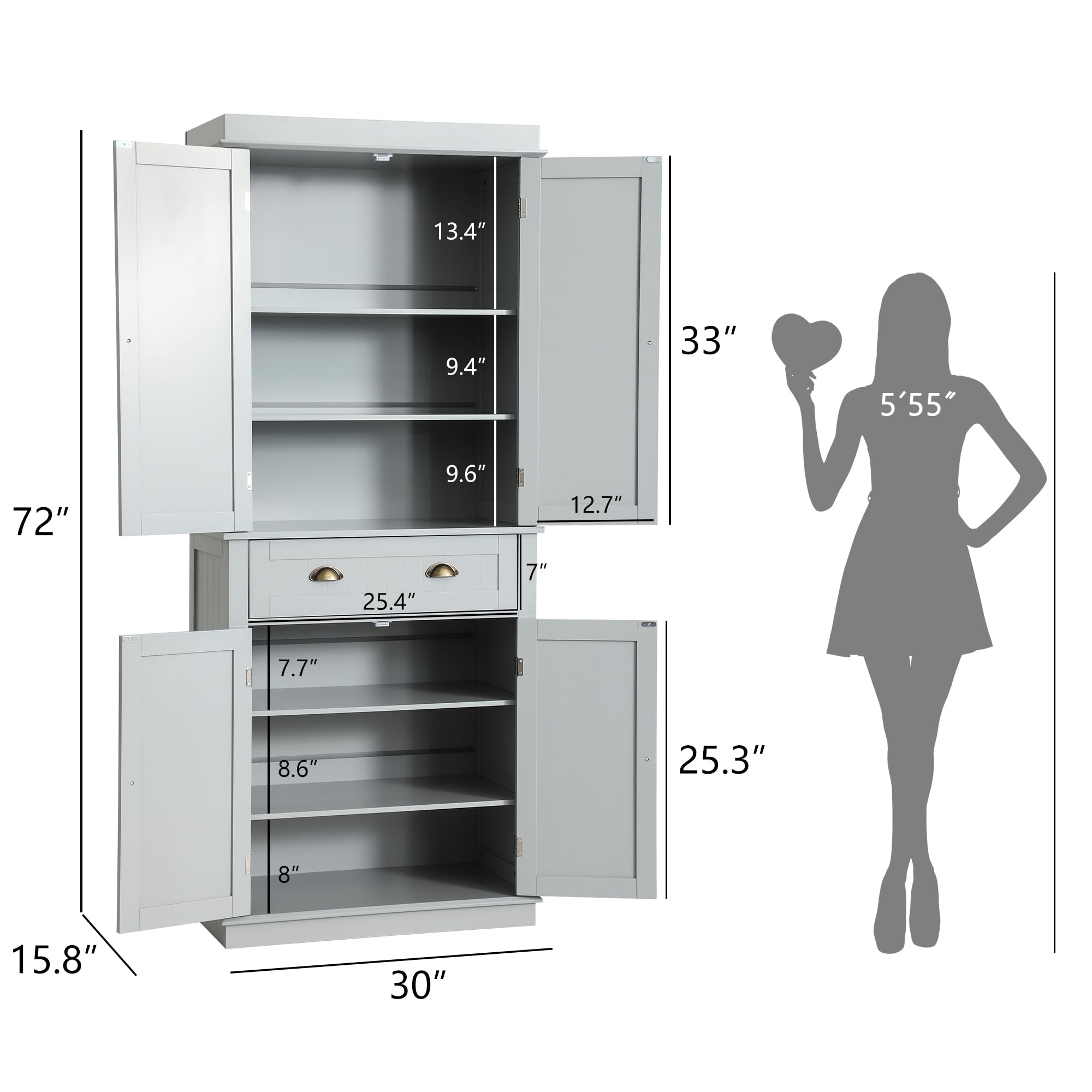 LOUVIXA 72" Kitchen Pantry Storage Cabinet, Freestanding Cupboard with 2 Cabinets, Drawer and Adjustable Shelves, Tall Storage Cabinet for Kitchen, Dinning Room, Living Room, Grey