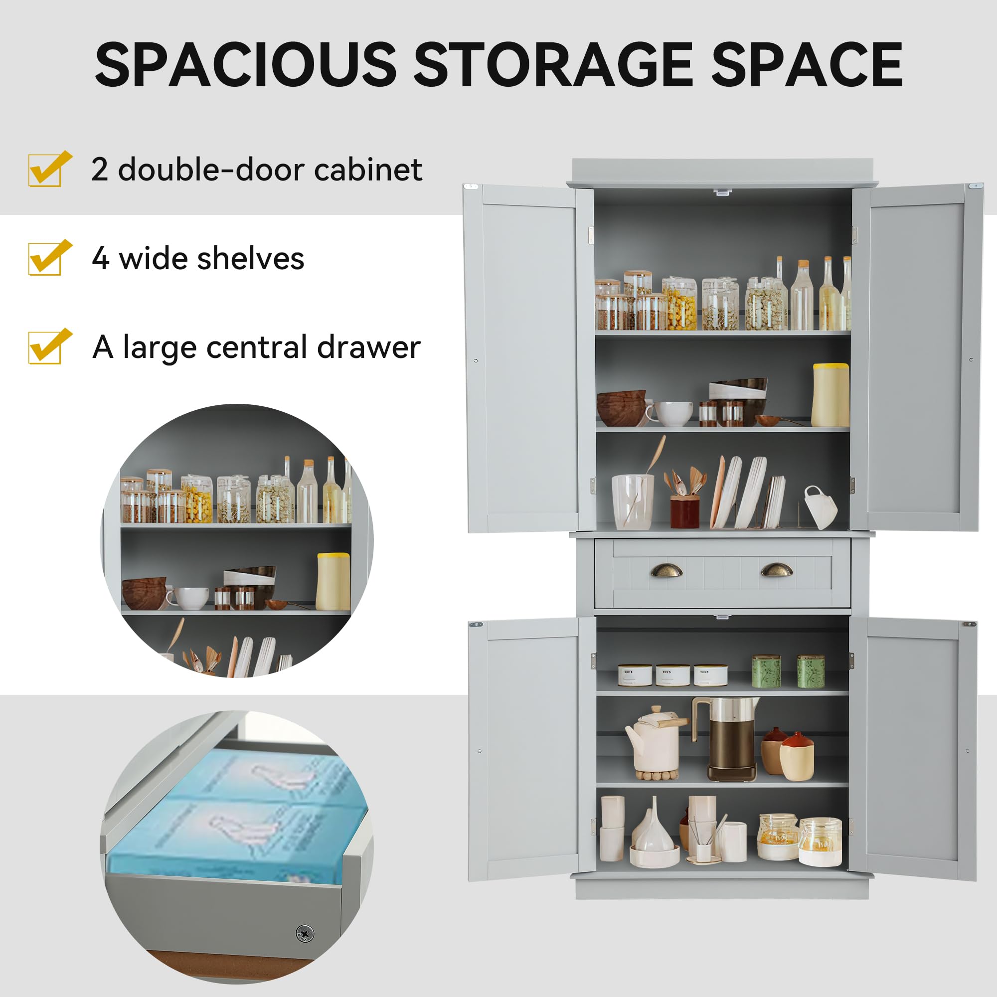 LOUVIXA 72" Kitchen Pantry Storage Cabinet, Freestanding Cupboard with 2 Cabinets, Drawer and Adjustable Shelves, Tall Storage Cabinet for Kitchen, Dinning Room, Living Room, Grey