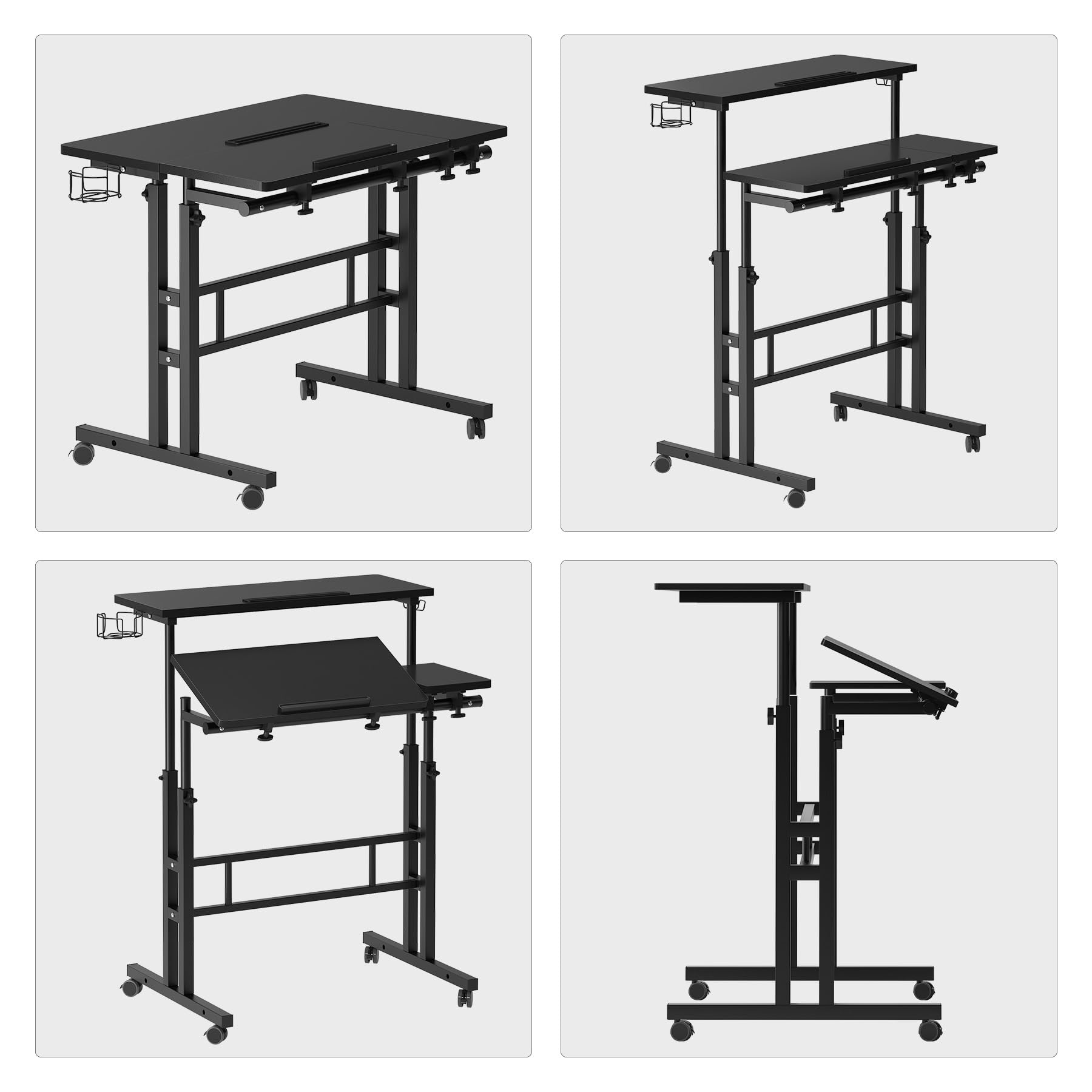 SogesPower 2 Platforms Mobile Laptop Desk Adjustable Side Table Computer Stand for Bed Sofa,Mobile Standing Desk with Cup Holder and Hooks,Black