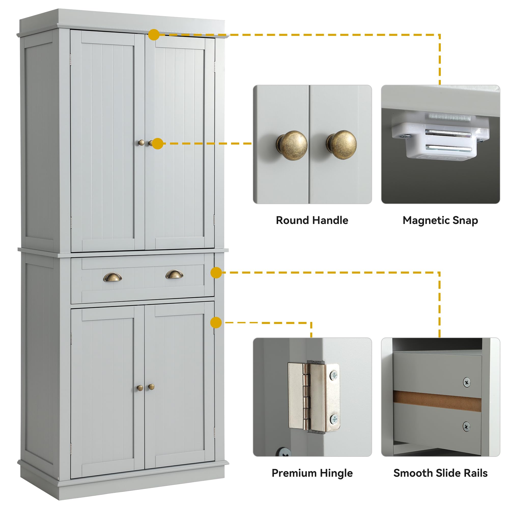 LOUVIXA 72" Kitchen Pantry Storage Cabinet, Freestanding Cupboard with 2 Cabinets, Drawer and Adjustable Shelves, Tall Storage Cabinet for Kitchen, Dinning Room, Living Room, Grey