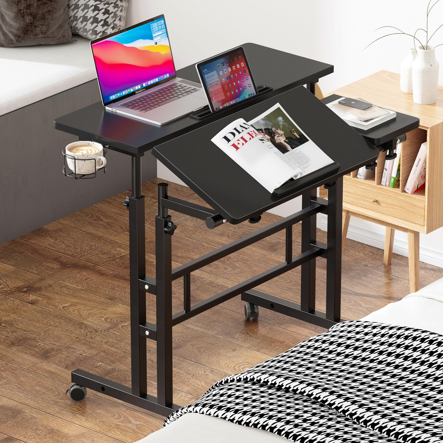 SogesPower 2 Platforms Mobile Laptop Desk Adjustable Side Table Computer Stand for Bed Sofa,Mobile Standing Desk with Cup Holder and Hooks,Black