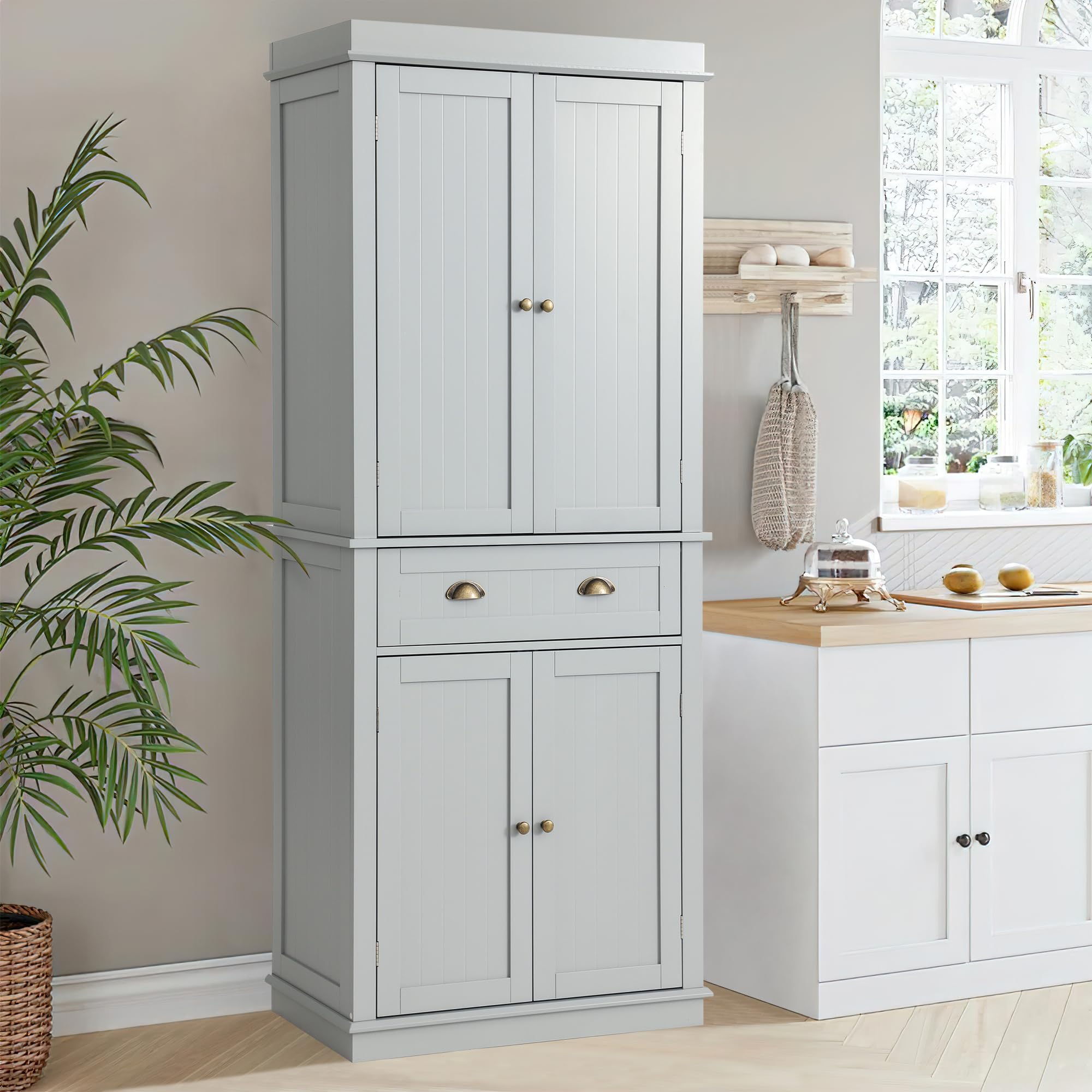 LOUVIXA 72" Kitchen Pantry Storage Cabinet, Freestanding Cupboard with 2 Cabinets, Drawer and Adjustable Shelves, Tall Storage Cabinet for Kitchen, Dinning Room, Living Room, Grey