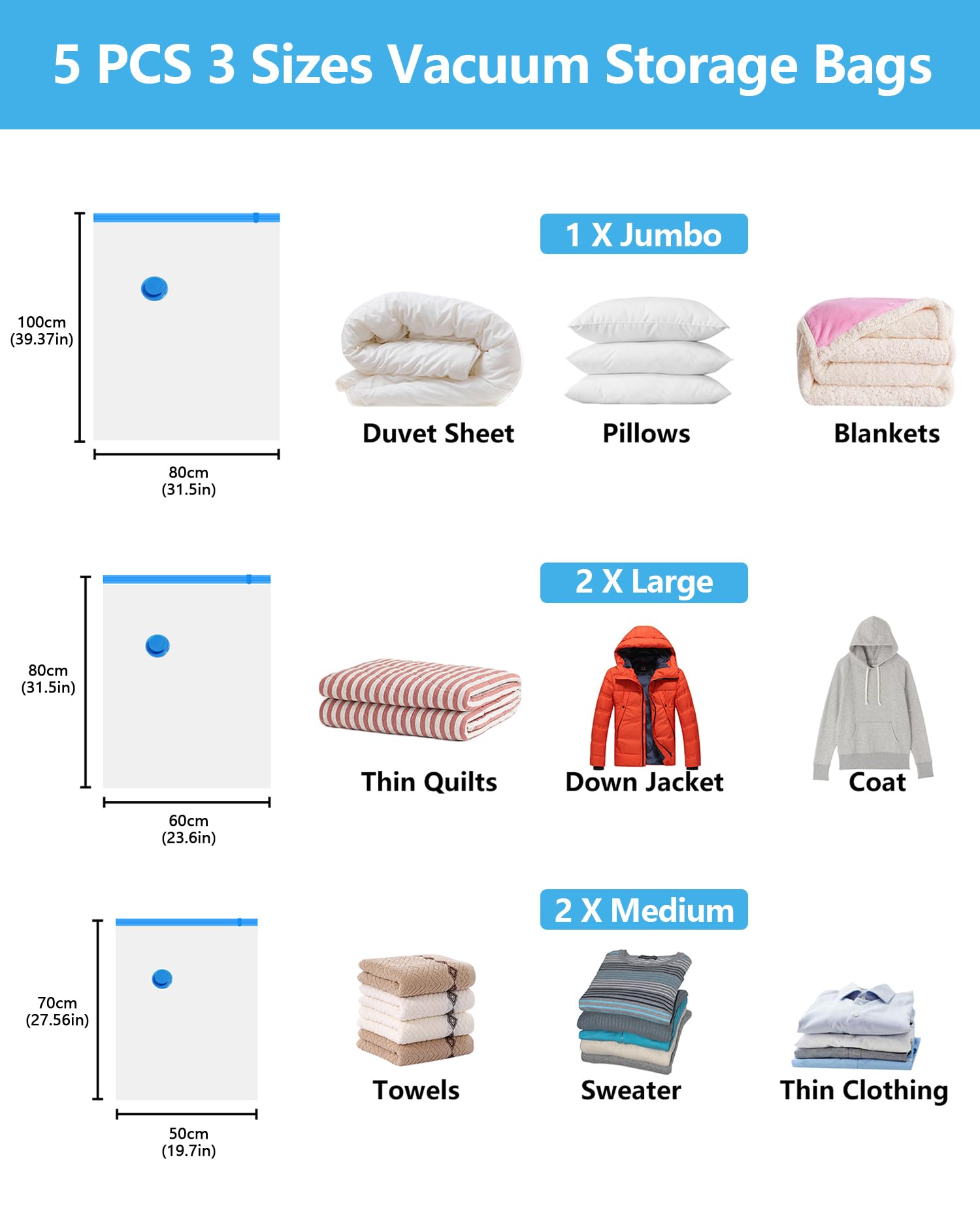 ACAETYT 5 Pack Vacuum Storage Bags, Space Saver Bags (1 Jumbo/2 Large/2 Medium) Compression Storage Bags for Clothes, Vacuum Sealed Bags (Electric Pump Not Included)