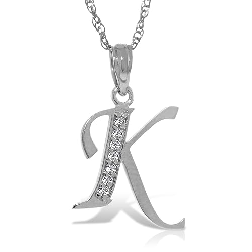 Initial 'K' Pendant Diamond Necklace Galaxy Gold GG 14K Solid White Gold Pendant Necklace with Natural Diamonds MADE IN USA High Polish Finish Rhodium Finish Handcrafted Personal (14 Inch Small Choker)