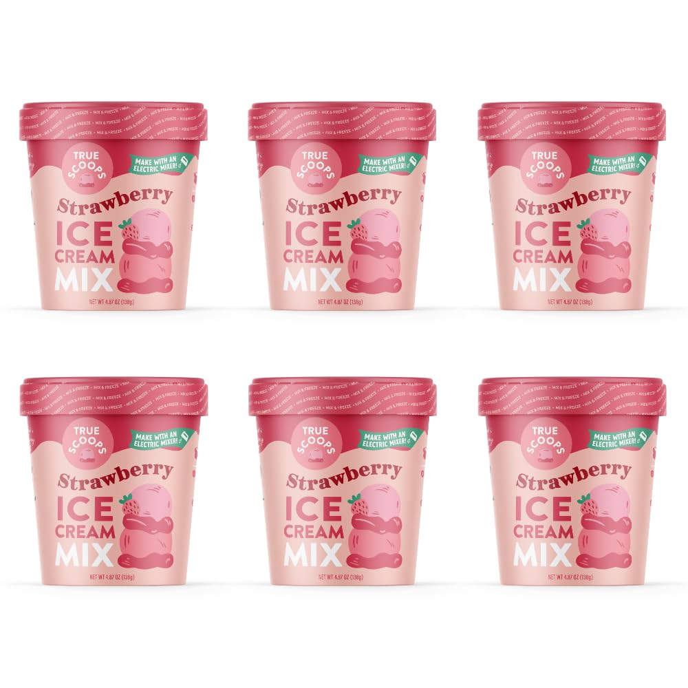 True Scoops 6-Pack Strawberry Ice Cream Mix. Makes 1 Pint of Premium, Homemade Ice Cream With an Electric Mixer. Made With Real Strawberries. Gluten-Free, Peanut-Free, and Kosher.