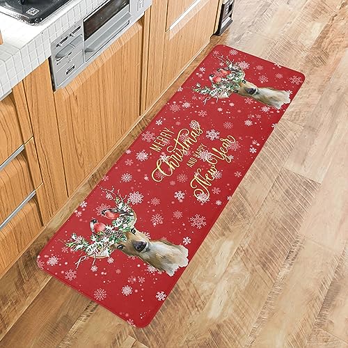 Kitchen Rug and Mat Set Merry Christmas Reindeer Robin,Non-Slip Doormats Comfort Durable Floor Runner,Winter Snowflakes on Red Washable Standing Carpet for Bedroom Living Room Decor