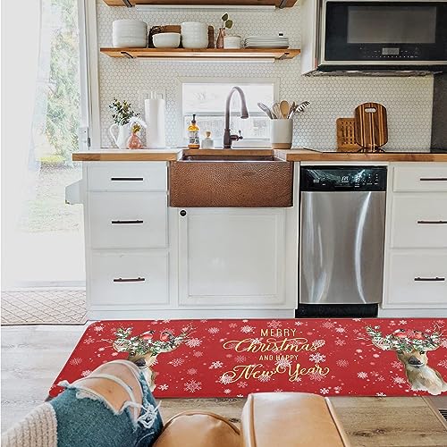 Kitchen Rug and Mat Set Merry Christmas Reindeer Robin,Non-Slip Doormats Comfort Durable Floor Runner,Winter Snowflakes on Red Washable Standing Carpet for Bedroom Living Room Decor