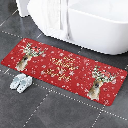 Kitchen Rug and Mat Set Merry Christmas Reindeer Robin,Non-Slip Doormats Comfort Durable Floor Runner,Winter Snowflakes on Red Washable Standing Carpet for Bedroom Living Room Decor