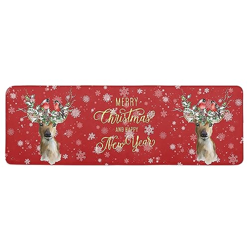 Kitchen Rug and Mat Set Merry Christmas Reindeer Robin,Non-Slip Doormats Comfort Durable Floor Runner,Winter Snowflakes on Red Washable Standing Carpet for Bedroom Living Room Decor