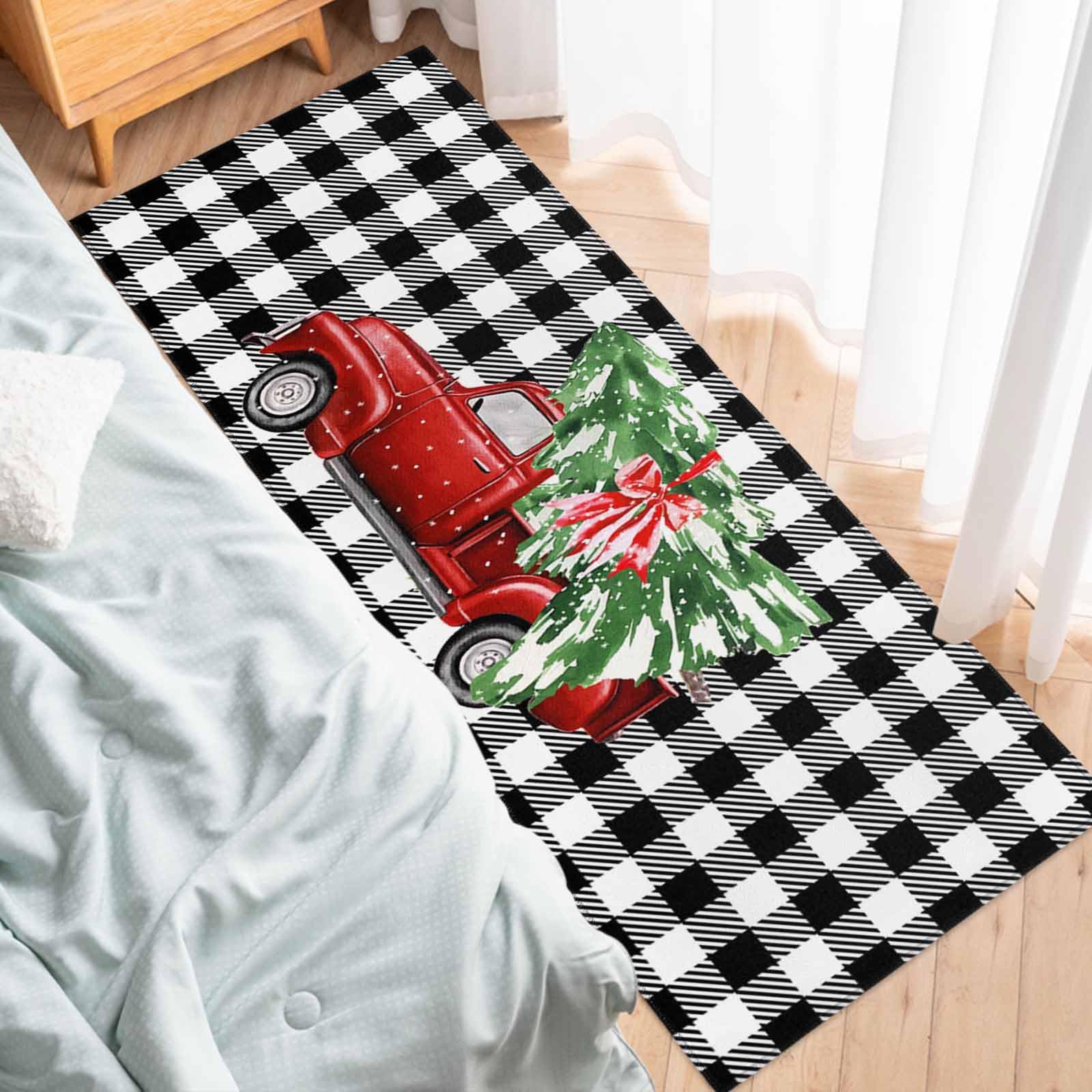 Christmas Kitchen Rugs and Mats 2 PCS Red Truck Xmas Tree Black White Buffalo Check Kitchen Mats for Floor, Farmhouse Non-Slip Rugs with Runner for Kitchen,Office,Sink,Laundry 15.7"x23.6"+15.7"x47.2"
