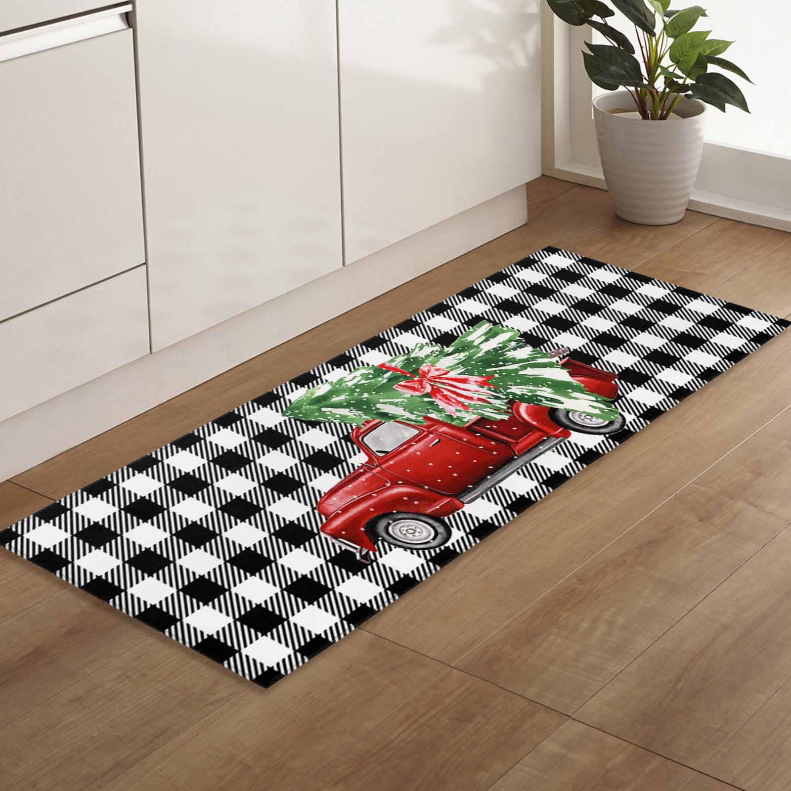 Christmas Kitchen Rugs and Mats 2 PCS Red Truck Xmas Tree Black White Buffalo Check Kitchen Mats for Floor, Farmhouse Non-Slip Rugs with Runner for Kitchen,Office,Sink,Laundry 15.7"x23.6"+15.7"x47.2"