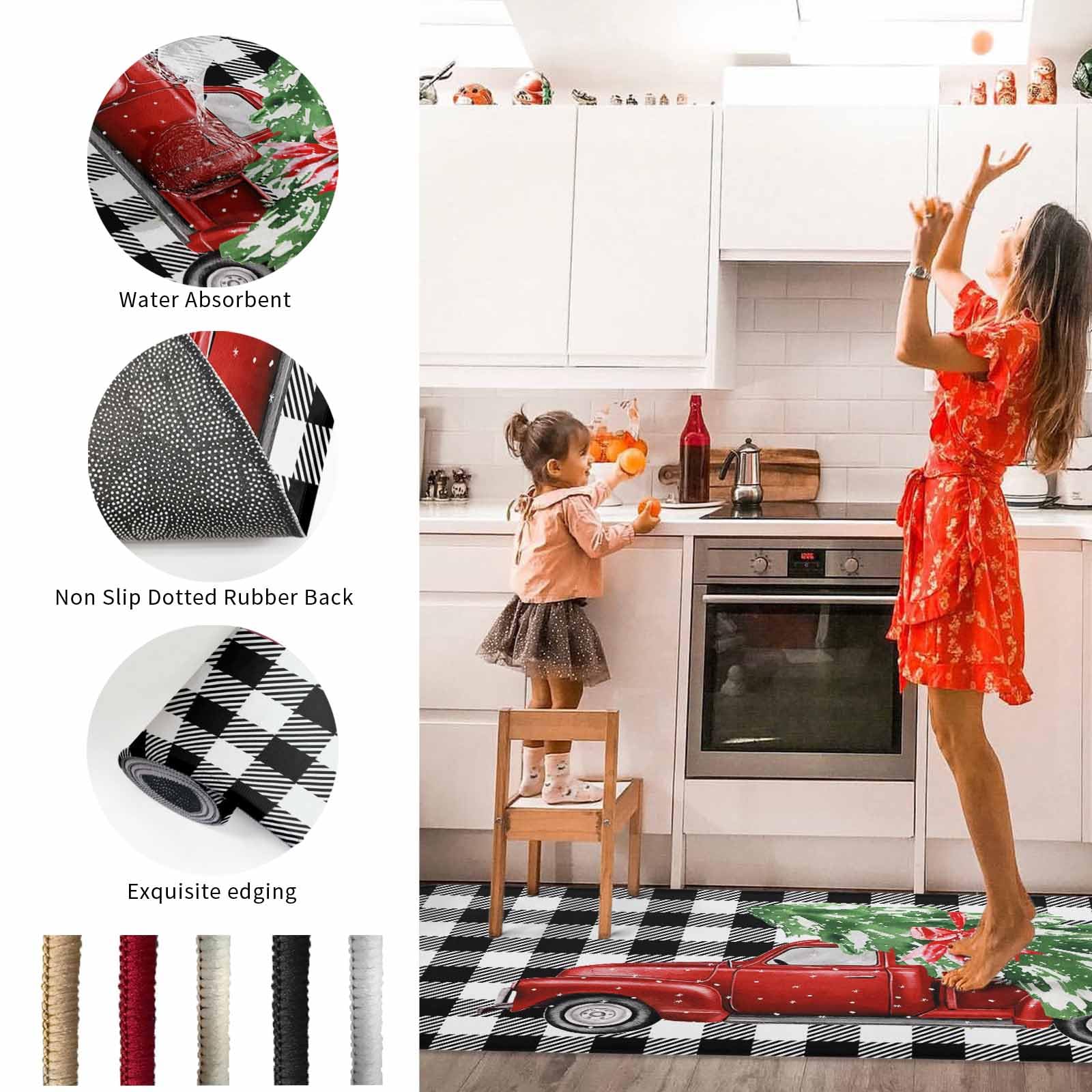 Christmas Kitchen Rugs and Mats 2 PCS Red Truck Xmas Tree Black White Buffalo Check Kitchen Mats for Floor, Farmhouse Non-Slip Rugs with Runner for Kitchen,Office,Sink,Laundry 15.7"x23.6"+15.7"x47.2"