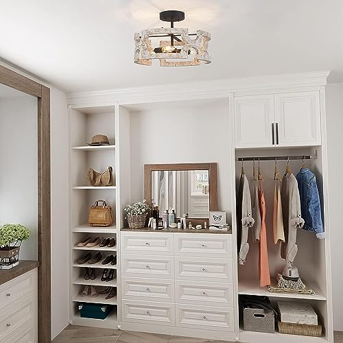 Farmhouse Wood Semi Flush Mount Ceiling Light, Distressed White Vintage Drum Close to Ceiling Light Fixture for Bedroom, Hallway, Kitchen, Dining & Living Room, Foyer and Bathroom