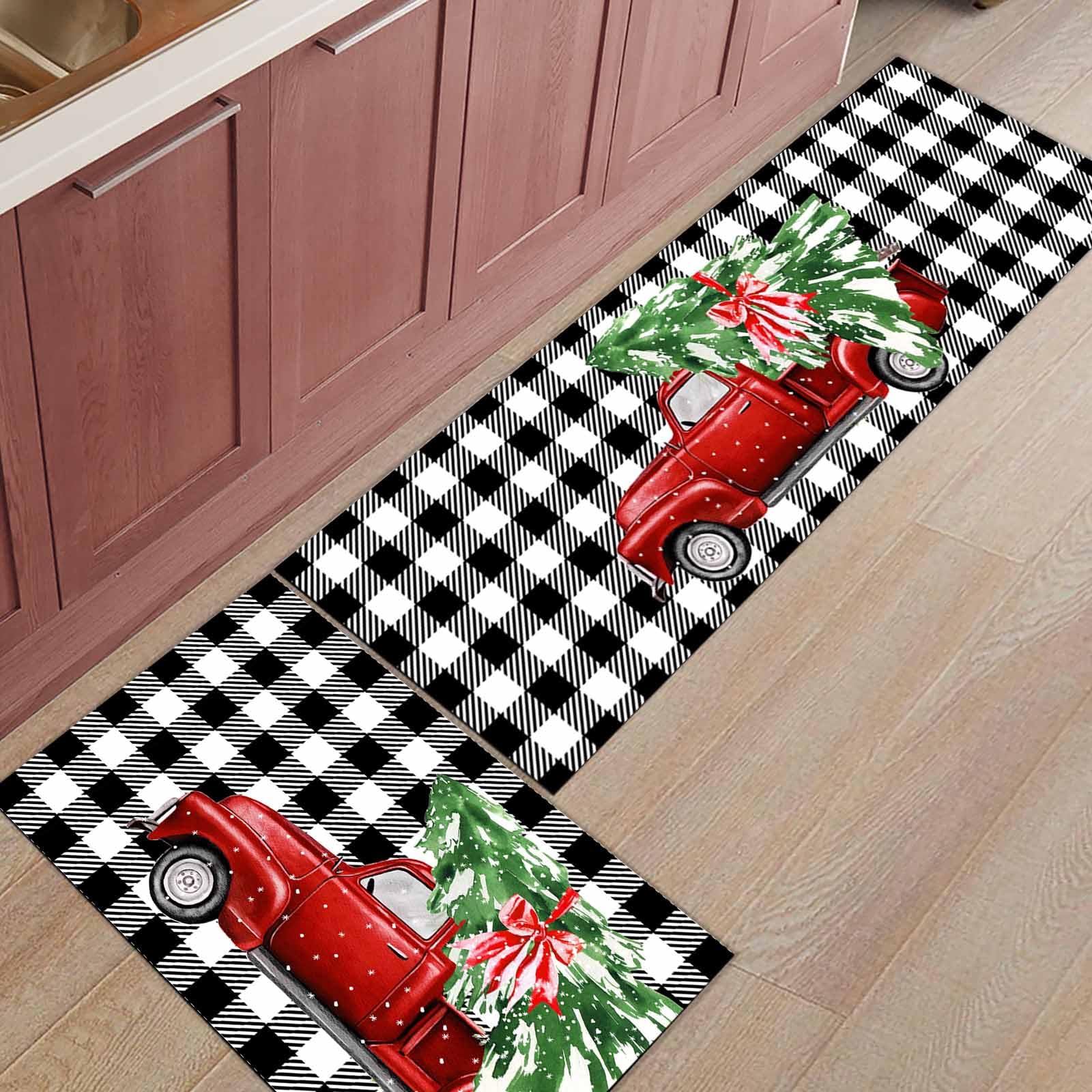 Christmas Kitchen Rugs and Mats 2 PCS Red Truck Xmas Tree Black White Buffalo Check Kitchen Mats for Floor, Farmhouse Non-Slip Rugs with Runner for Kitchen,Office,Sink,Laundry 15.7"x23.6"+15.7"x47.2"