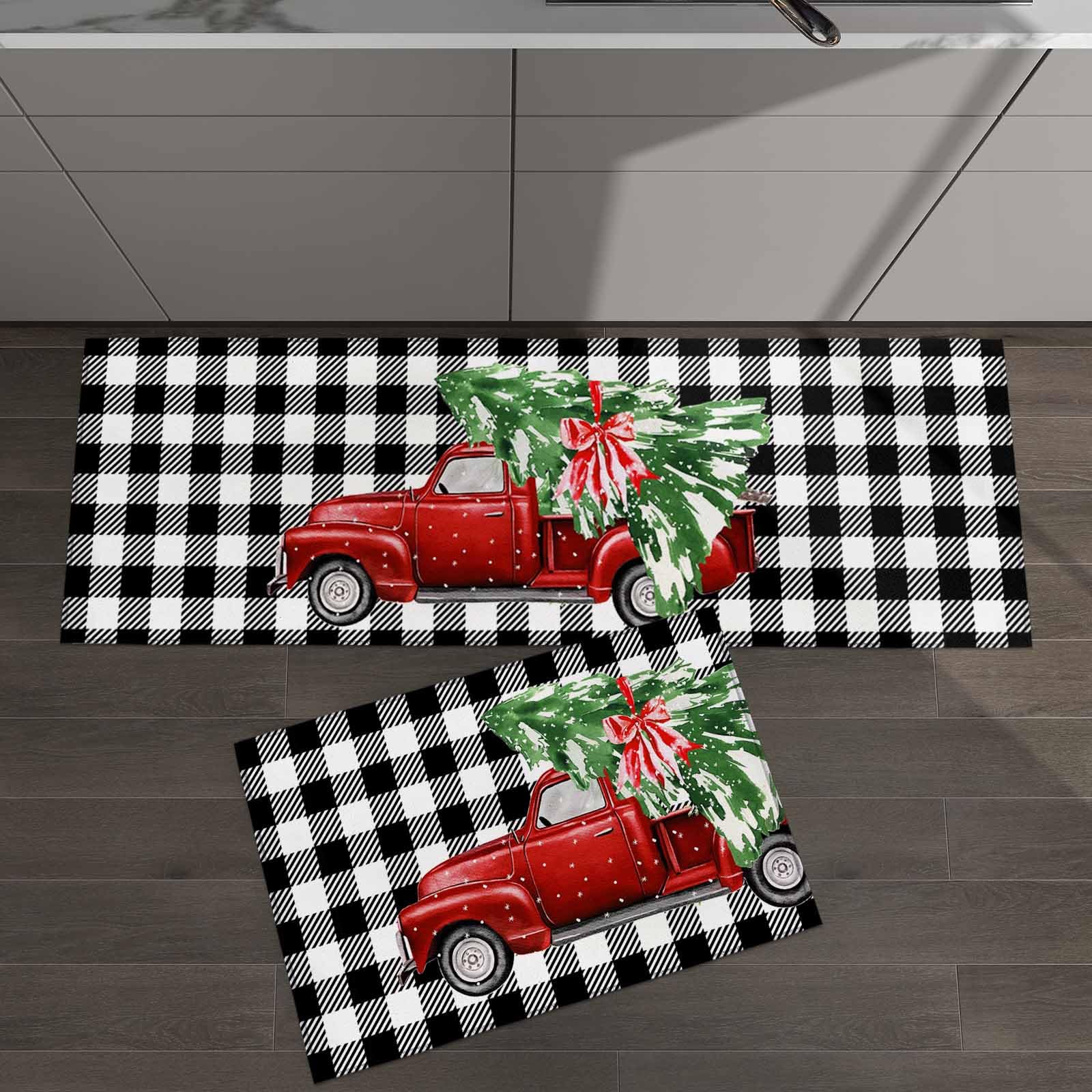 Christmas Kitchen Rugs and Mats 2 PCS Red Truck Xmas Tree Black White Buffalo Check Kitchen Mats for Floor, Farmhouse Non-Slip Rugs with Runner for Kitchen,Office,Sink,Laundry 15.7"x23.6"+15.7"x47.2"