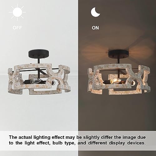 Farmhouse Wood Semi Flush Mount Ceiling Light, Distressed White Vintage Drum Close to Ceiling Light Fixture for Bedroom, Hallway, Kitchen, Dining & Living Room, Foyer and Bathroom