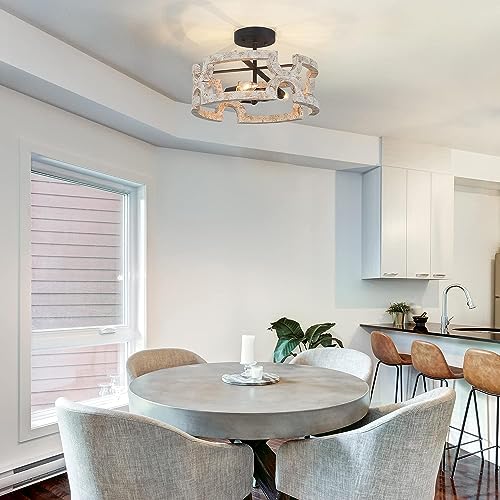 Farmhouse Wood Semi Flush Mount Ceiling Light, Distressed White Vintage Drum Close to Ceiling Light Fixture for Bedroom, Hallway, Kitchen, Dining & Living Room, Foyer and Bathroom
