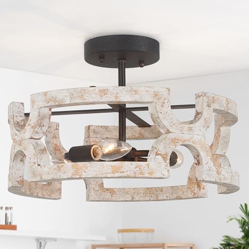 Farmhouse Wood Semi Flush Mount Ceiling Light, Distressed White Vintage Drum Close to Ceiling Light Fixture for Bedroom, Hallway, Kitchen, Dining & Living Room, Foyer and Bathroom