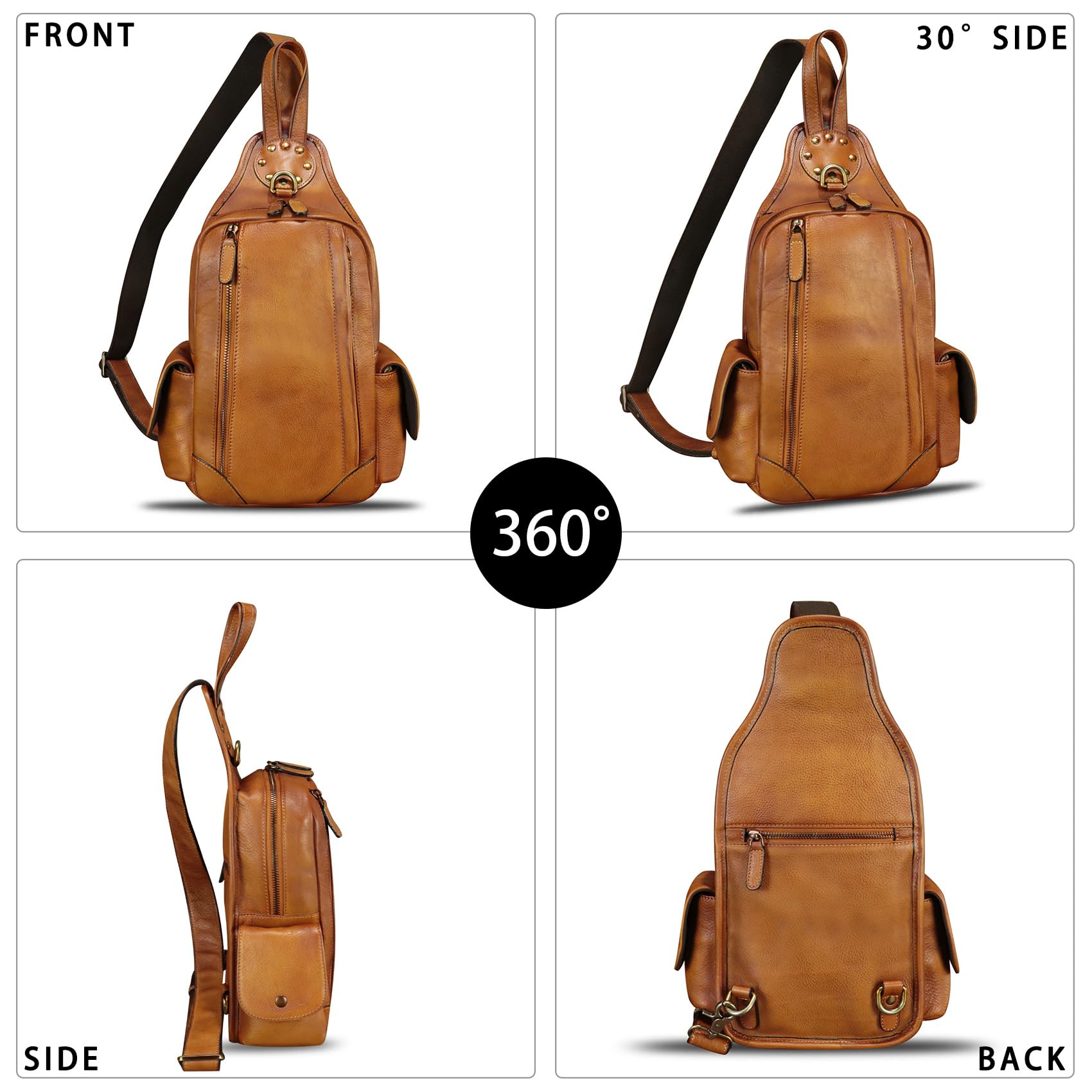 FEIGITOR Genuine Leather Sling Bag Handmade Retro Crossbody Backpack Purse Chest Shoulder Hiking Daypack Fanny Pack (Brown)