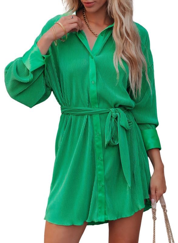 Dokotoo Ladies Long Sleeve Shirt Dresses for Women 2023 Elegant Fall Satin Collared Lapel V Neck Button Down Teacher Cothes Pleated Swing Solid Comfort Ribbed Mini Short Dress with Belt Green X-Large