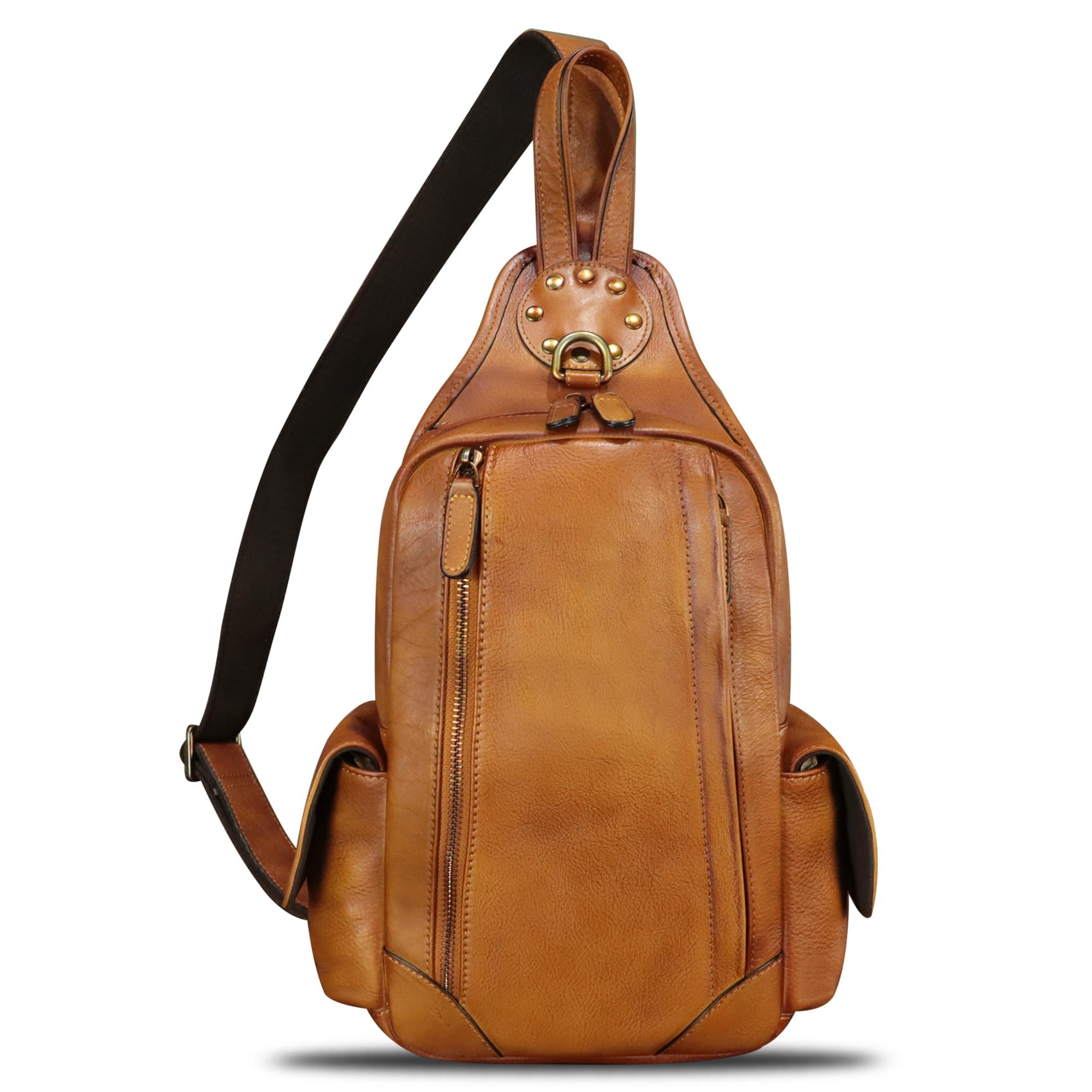 FEIGITOR Genuine Leather Sling Bag Handmade Retro Crossbody Backpack Purse Chest Shoulder Hiking Daypack Fanny Pack (Brown)