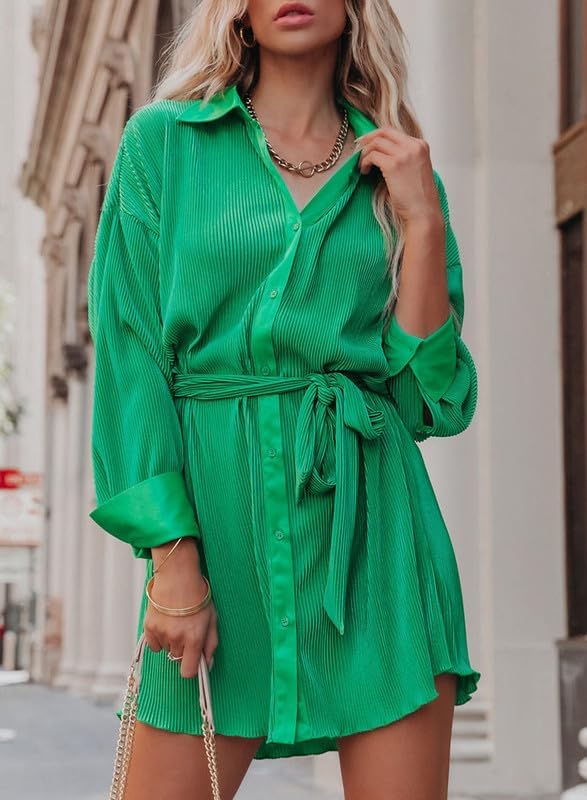 Dokotoo Ladies Long Sleeve Shirt Dresses for Women 2023 Elegant Fall Satin Collared Lapel V Neck Button Down Teacher Cothes Pleated Swing Solid Comfort Ribbed Mini Short Dress with Belt Green X-Large