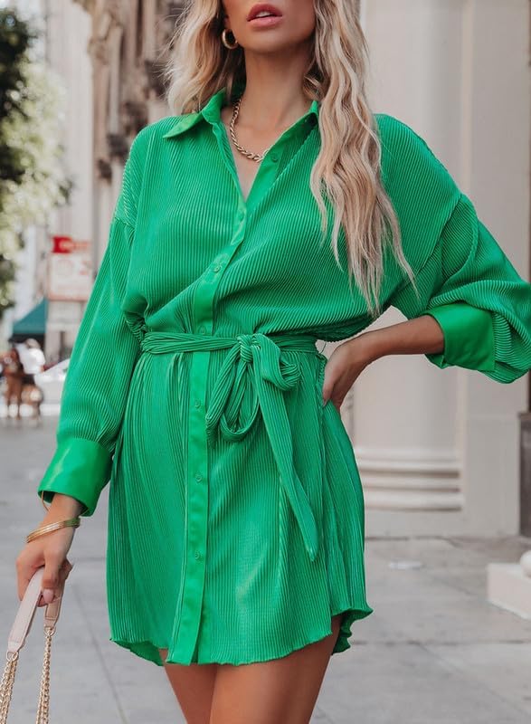 Dokotoo Ladies Long Sleeve Shirt Dresses for Women 2023 Elegant Fall Satin Collared Lapel V Neck Button Down Teacher Cothes Pleated Swing Solid Comfort Ribbed Mini Short Dress with Belt Green X-Large
