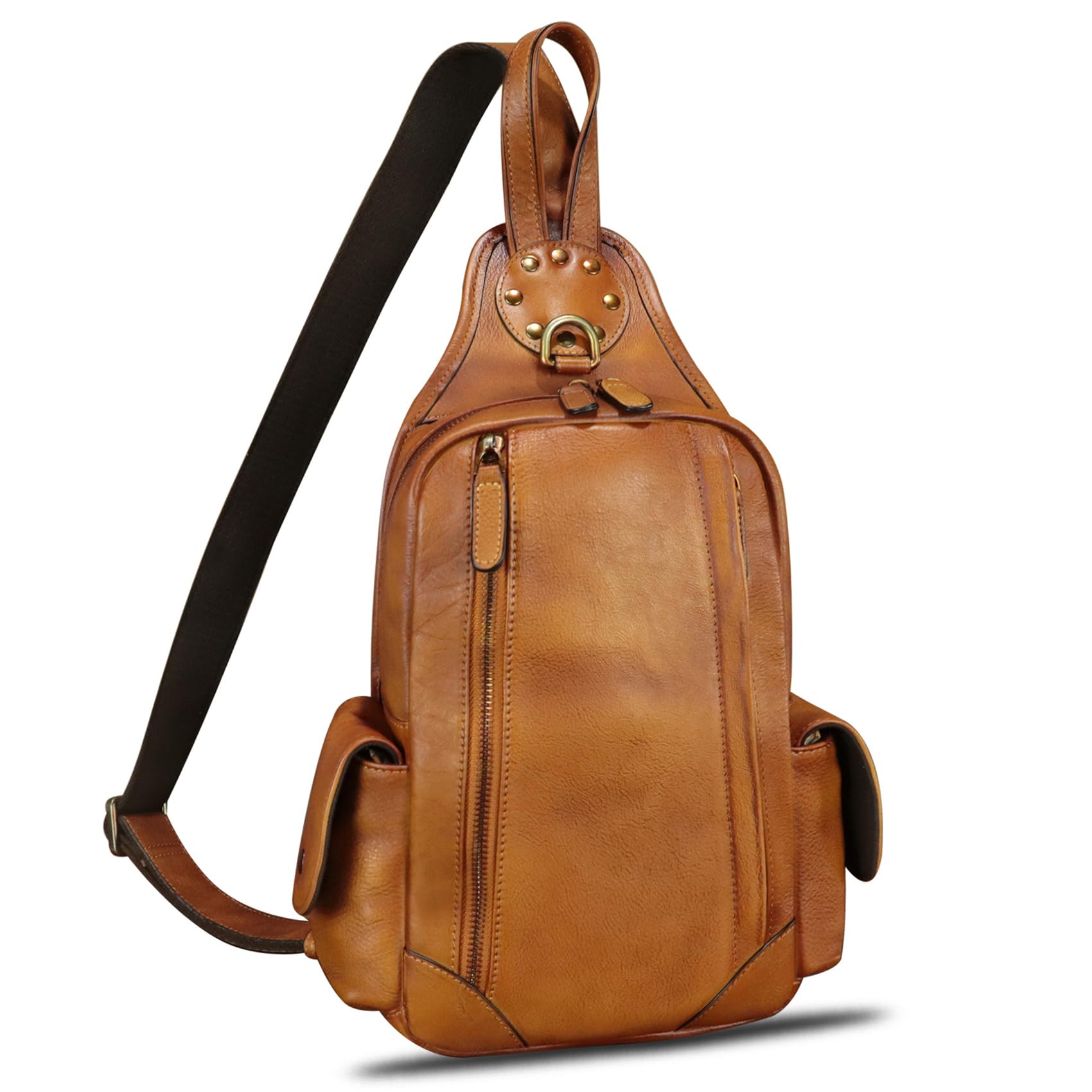 FEIGITOR Genuine Leather Sling Bag Handmade Retro Crossbody Backpack Purse Chest Shoulder Hiking Daypack Fanny Pack (Brown)