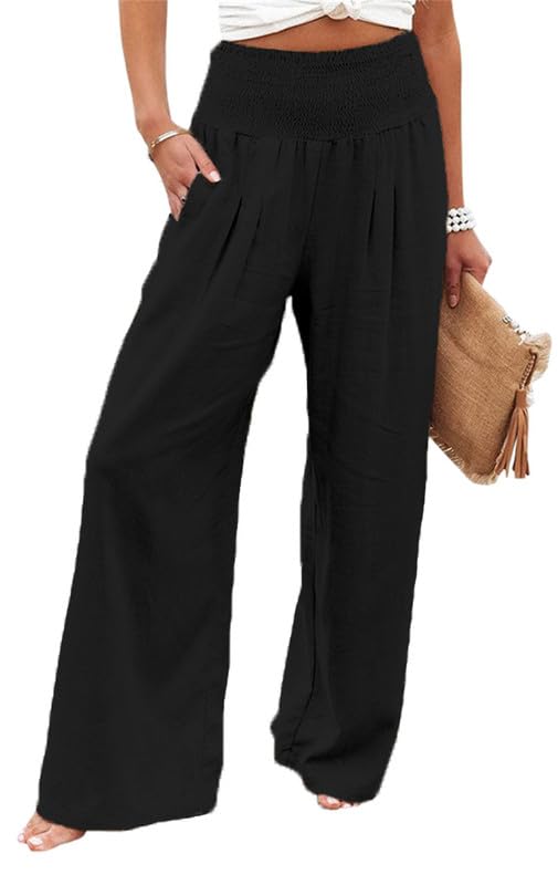 PURPEARL Palazzo Pants for Women Wide Leg High Waist Linen Trousers Stretchy Fall Casual Loose Comfy Pant with Pockets Black