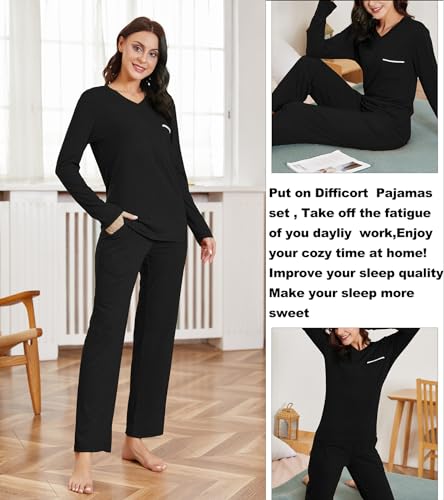 difficort Womens Pajama Sets Long Sleeve Soft Casual Sleep Loungewear Sleepwear with Pockets,Black,Medium