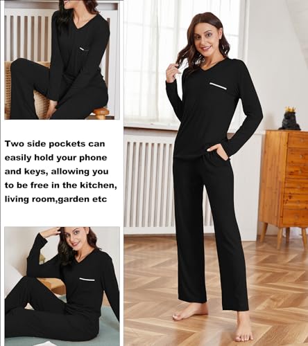difficort Womens Pajama Sets Long Sleeve Soft Casual Sleep Loungewear Sleepwear with Pockets,Black,Medium