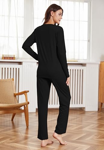 difficort Womens Pajama Sets Long Sleeve Soft Casual Sleep Loungewear Sleepwear with Pockets,Black,Medium