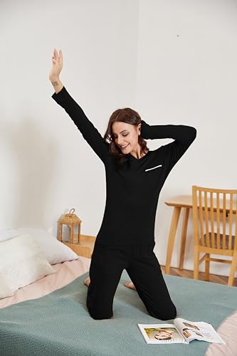 difficort Womens Pajama Sets Long Sleeve Soft Casual Sleep Loungewear Sleepwear with Pockets,Black,Medium