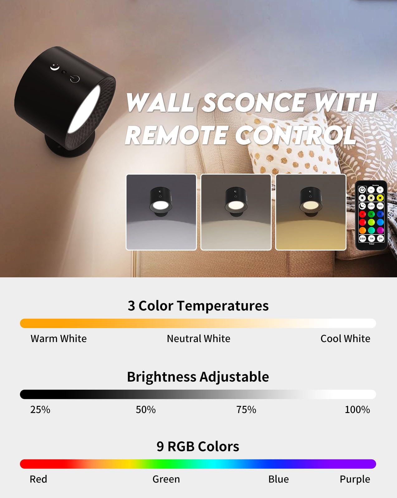 KINGTOP Battery Operated Wall Sconce, Wireless Magnetic Wall Lights with Remote, 9 Colors RGB Rechargeable Ambient Sconce, 3 Color Temp, Dimming & Removable, Wall Mounted Lamp for Bedroom
