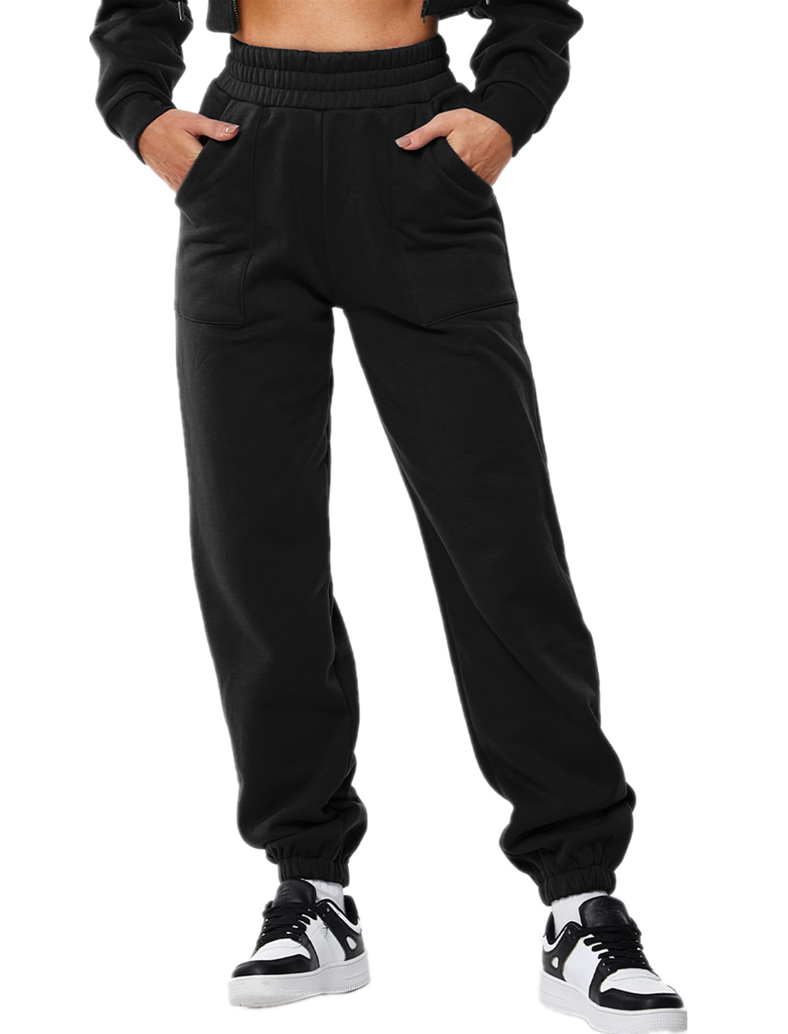ABOCIW Sweatpants Women Fleece Lined Baggy Winter Thick Warm High Waisted Sweat Pants Casual Athletic Joggers with Pockets Y2k Trendy Lounge Trousers Black Medium