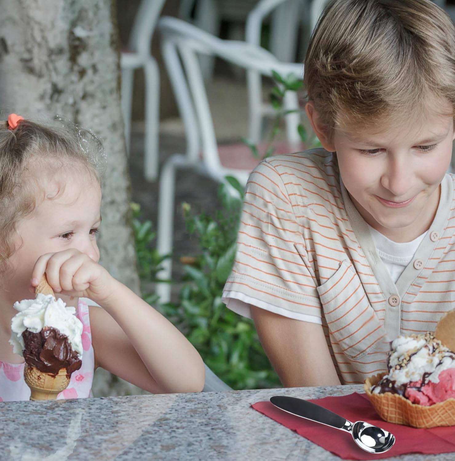 2Pack Ice Cream Scoop - Comfortable Stainless Steel Icecream Scooper With Non-Slip Rubber Grip, Ice Cream Spade Great for Sorbet, Almon,Cookie Dough, Melon (Black&Zinc)