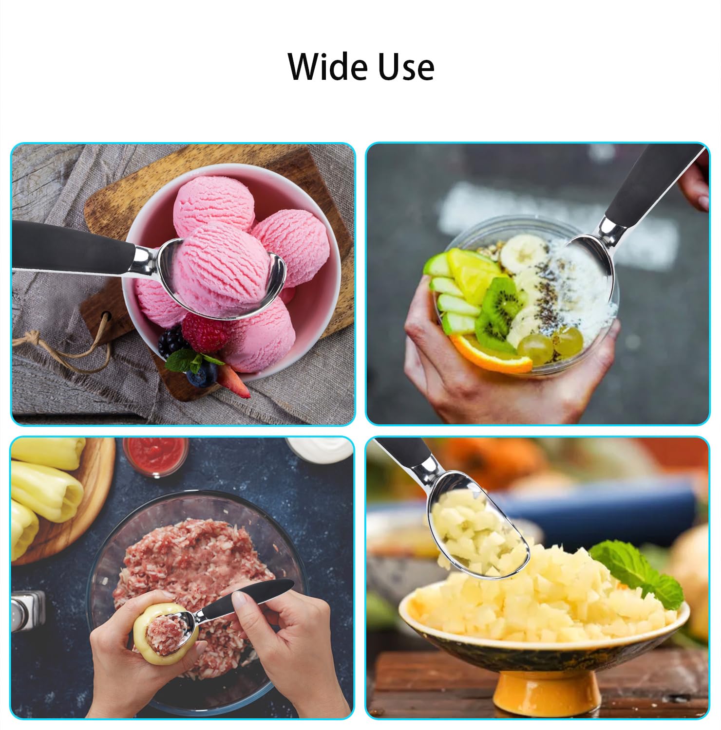 2Pack Ice Cream Scoop - Comfortable Stainless Steel Icecream Scooper With Non-Slip Rubber Grip, Ice Cream Spade Great for Sorbet, Almon,Cookie Dough, Melon (Black&Zinc)