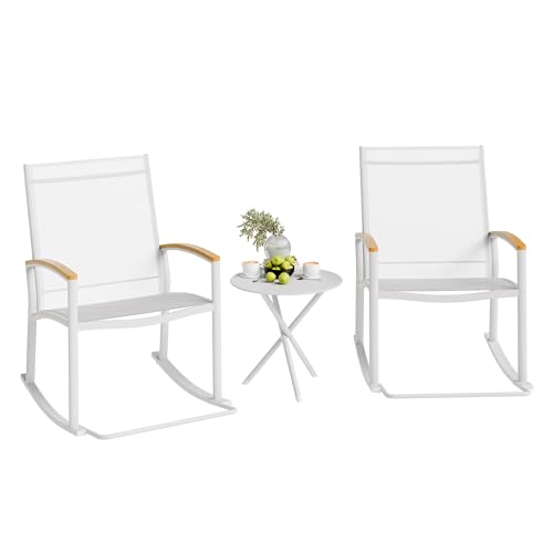 Shintenchi 3 Piece Outdoor Rocking Bistro Set, Textilene Fabric Small Outdoor Furniture, Front Porch Rocker Chairs Conversation Set with Table for Lawn, Garden, Balcony, Poolside (White)