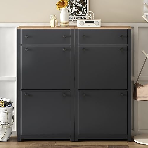 Aiuyesuo Slim Shoe Cabinet Set with 4 Flip Drawers, Wood Grain Pattern Top Shoe Storage Solution with Adjustable Panel, Shoe Rack with 2 Top Storage Drawers for Hallway Entryway (Black-QR0)