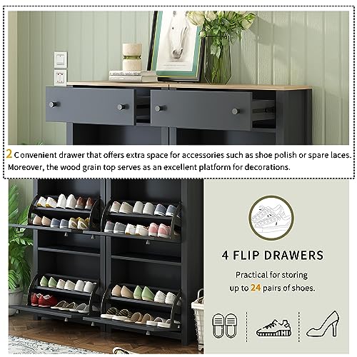 Aiuyesuo Slim Shoe Cabinet Set with 4 Flip Drawers, Wood Grain Pattern Top Shoe Storage Solution with Adjustable Panel, Shoe Rack with 2 Top Storage Drawers for Hallway Entryway (Black-QR0)