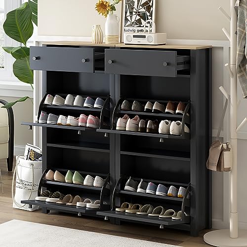 Aiuyesuo Slim Shoe Cabinet Set with 4 Flip Drawers, Wood Grain Pattern Top Shoe Storage Solution with Adjustable Panel, Shoe Rack with 2 Top Storage Drawers for Hallway Entryway (Black-QR0)