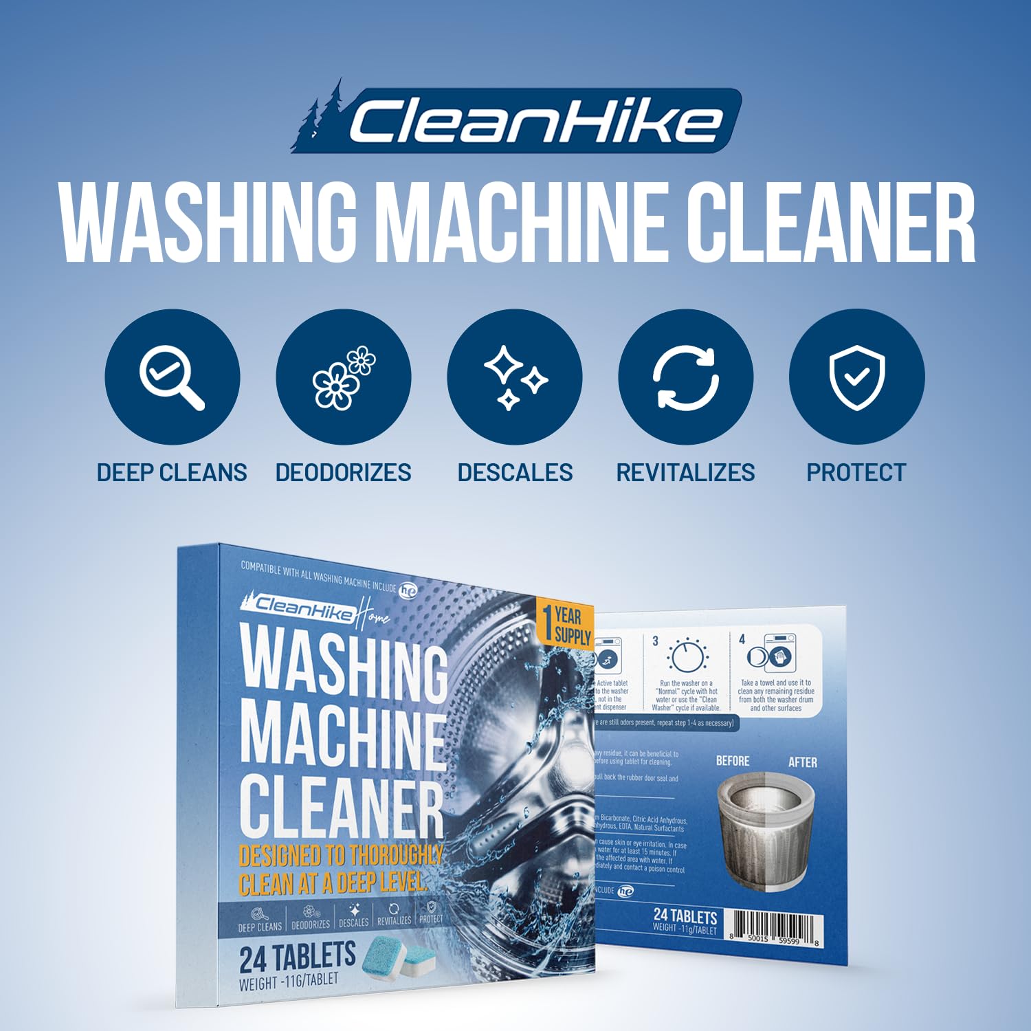 Washing Machine Cleaner Descaler Tablets - Deep Cleaning Tablets for HE Front & Top Loader Washer, Remove Ordor Grime Buildup Residue Eliminator (24 Pack, 2, Count)