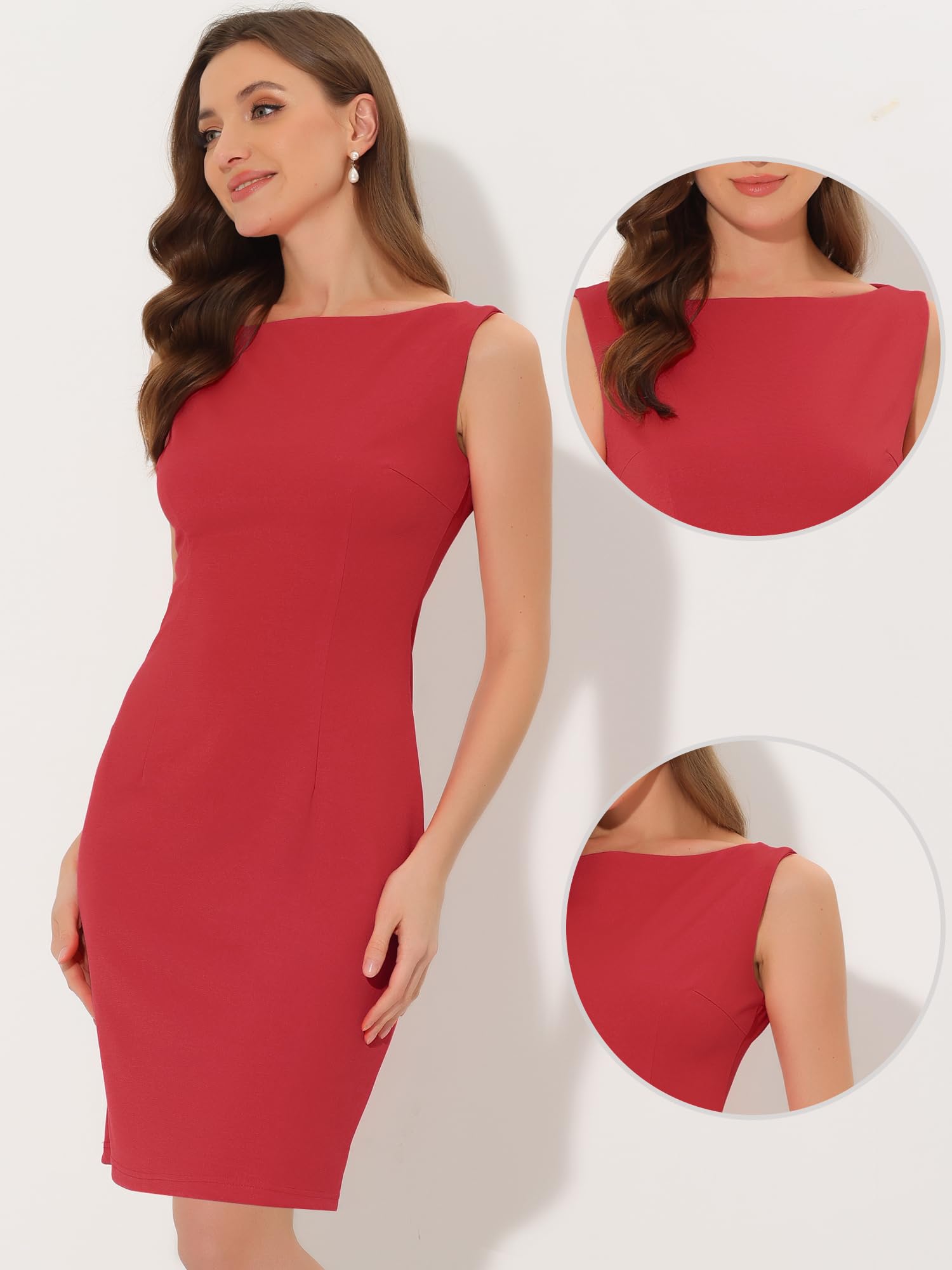Allegra K Sleeveless Sheath Dress for Women's 2024 Boat Neck Teacher Casual Office Dresses X-Small Red