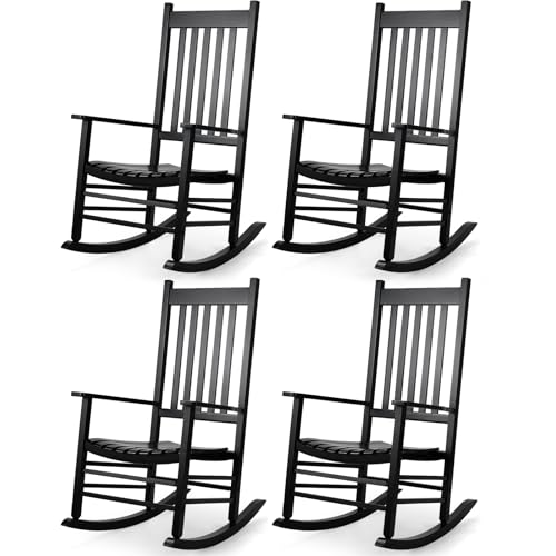 MAMIZO Wooden Rocking Chair Outdoor with High Back,Rocking Chair Indoor Oversized Easy to Assemble for Garden,Lawn,Balcony,Backyard,Porch,Wooden Rocking Chair Set of 4,Porch Rocker 4PCS
