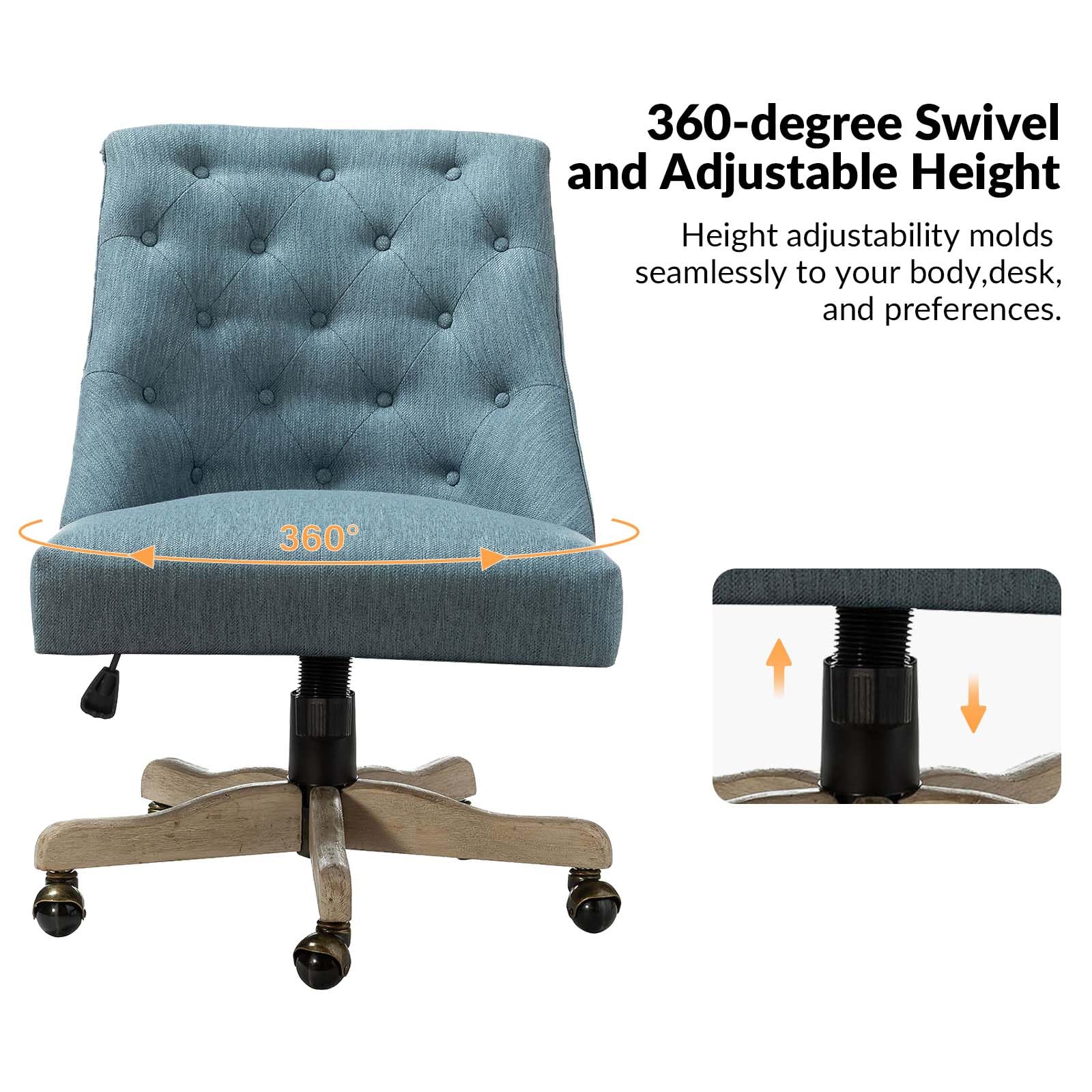 Modern Tufted Armless Home Office Chair, Comfy Upholstered Desk Chair with Vintage Wood Base, Height Adjustable Swivel Computer Task Chair for Living Room Bedroom, Blue