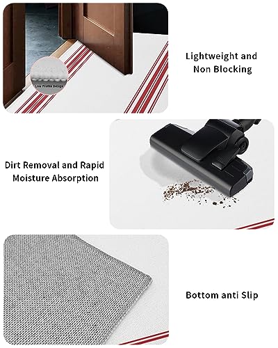 Floor Mat Kitchen Rug Red Stripe White Back Farmhouse Style Washable Doormat Non Slip Bathroom Rugs,Classic Simple Lines Absorbent Carpet for Bedroom Laundry Living Room Sink 20x47in