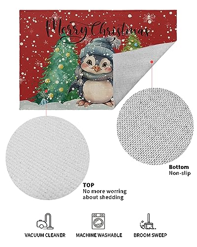 Kitchen Rug,Penguins Merry Christmas Tree Non Slip Doormat Absorbent Carpet,Winter Snowflakes Red Back Front Door Mat Washable Floor Mat for Bathroom Bedroom Entryway 20x32in